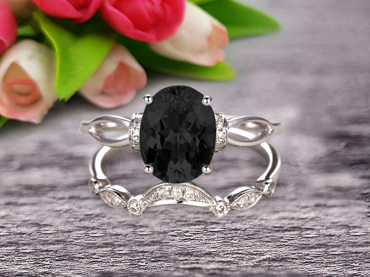 1.50 Carat Oval Cut Black Diamond Moissanite Bridal Ring Set With Curv agemz